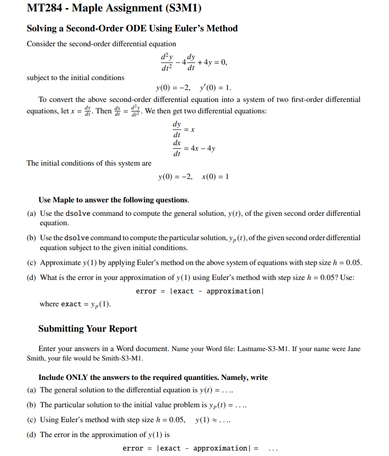 MT284 - Maple Assignment (S3M1) Solving a | Chegg.com