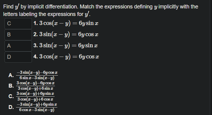 Solved Find y′ by implicit differentiation. Match the | Chegg.com
