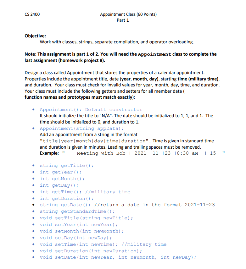 CS 2400 Appointment Class (60 points) Part 1 | Chegg.com
