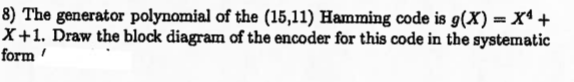 Solved 8) The generator polynomial of the (15,11) Hamming | Chegg.com