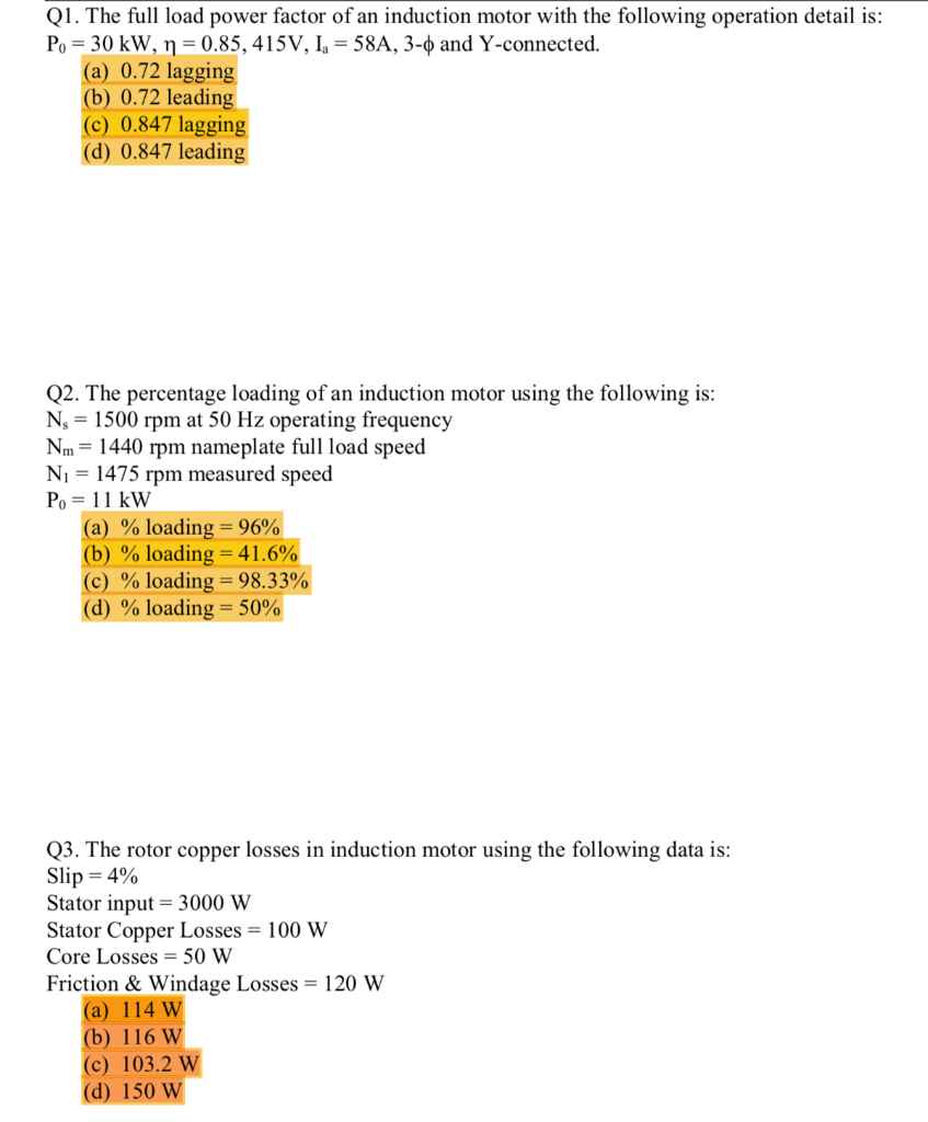 Solved Q1. The full load power factor of an induction motor | Chegg.com