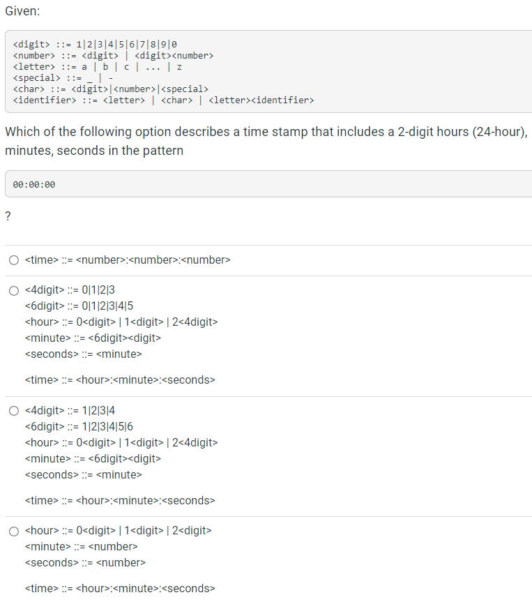 Solved Given: ::= 1|2|3|4|51617181910 ::= | ::= a b c | | Chegg.com