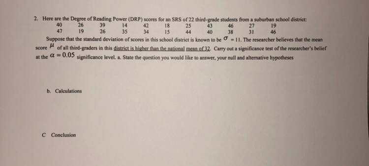Solved 2. Here are the Degree of Reading Power (DRP) scores | Chegg.com