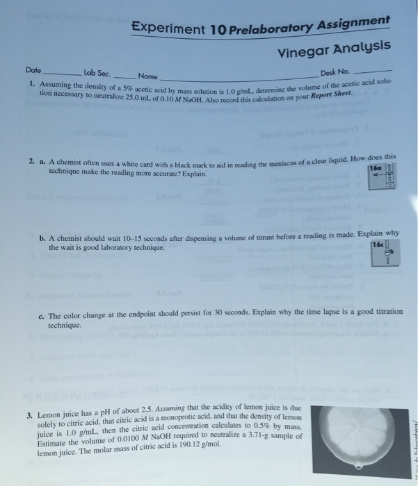 Solved Experiment 10 Prelaboratory Assignment Vinegar | Chegg.com