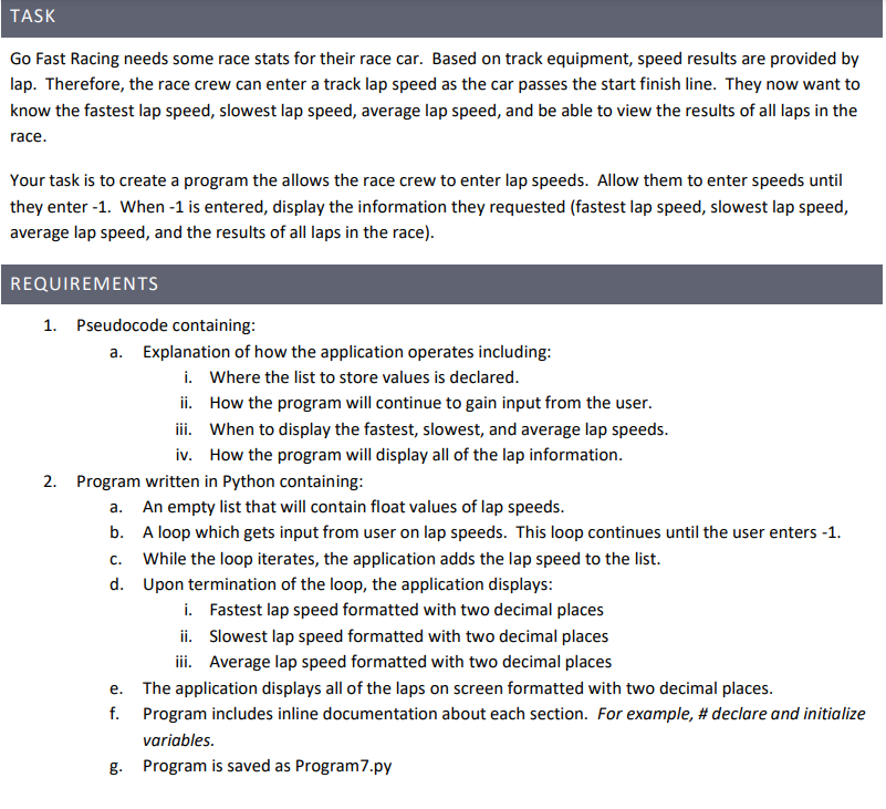 Solved TASK Go Fast Racing needs some race stats for their | Chegg.com