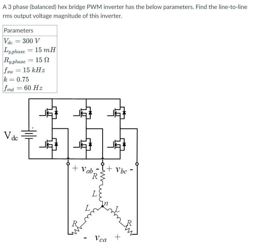 Solved A 3 phase (balanced) hex bridge PWM inverter has the | Chegg.com