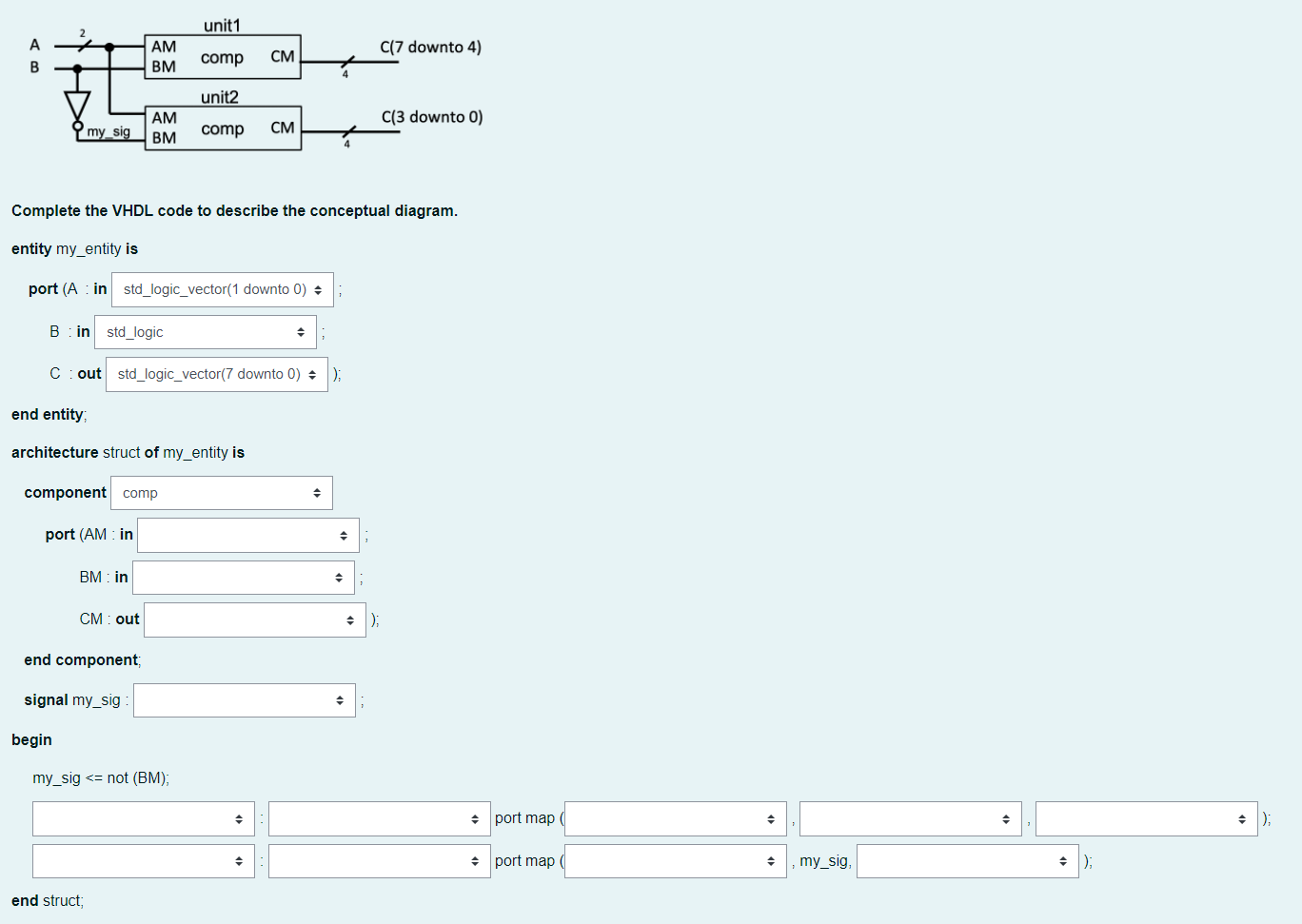 Solved unit 1 А B AM C(7 downto 4) CM comp BM unit2 C(3 | Chegg.com