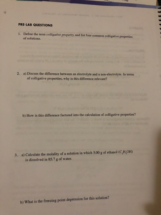 Solved 12 PRE-LAB QUESTIONS Define the term colligative | Chegg.com