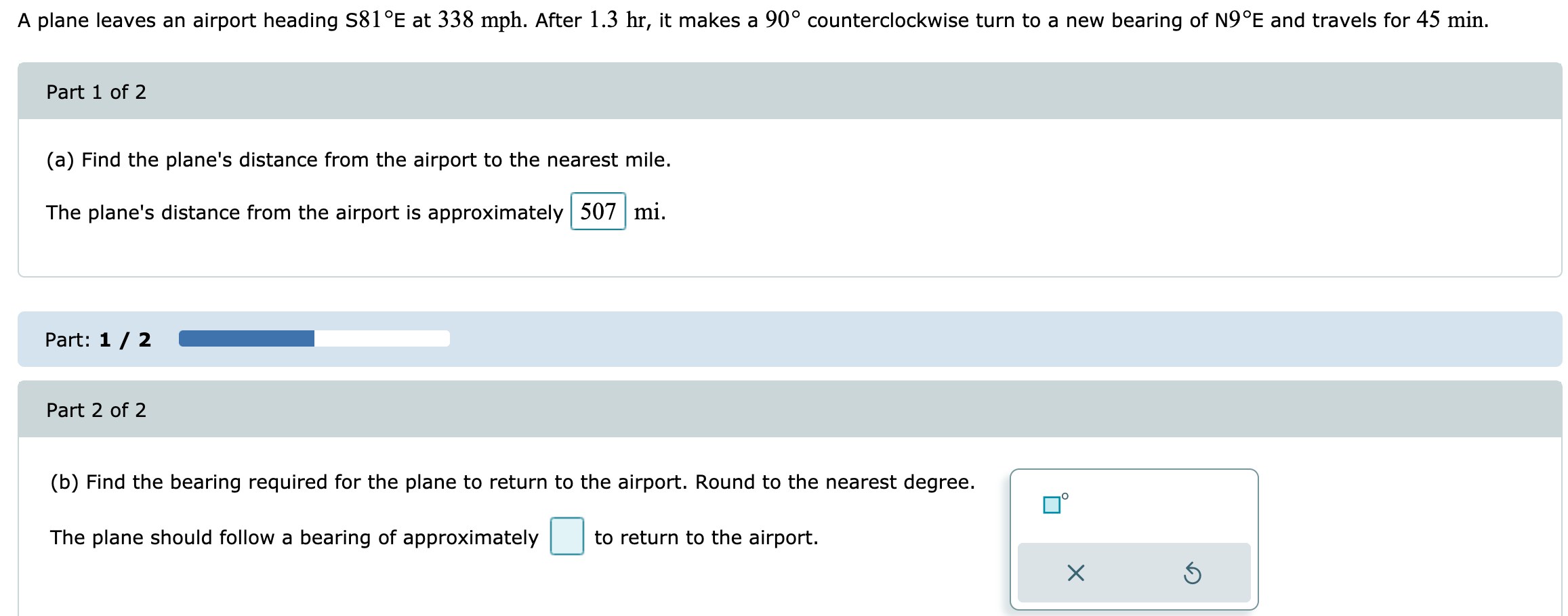 Solved A plane leaves an airport heading S81°E at 338 mph. | Chegg.com