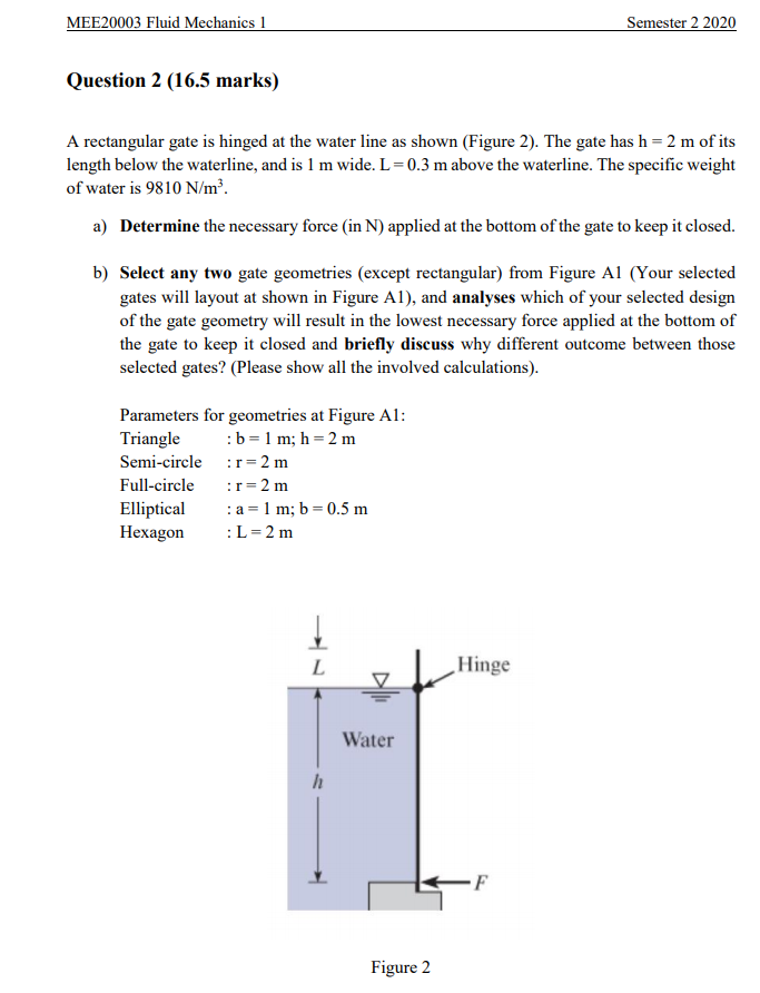 Solved MEE20003 Fluid Mechanics 1 Semester 2 2020 Question 2 | Chegg.com