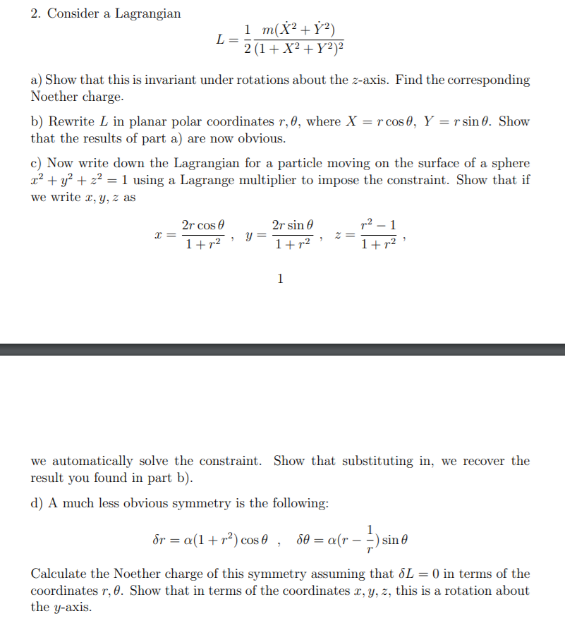 2. Consider a Lagrangian L = 1 m(X2 + Y2) 2(1 + x2 + | Chegg.com
