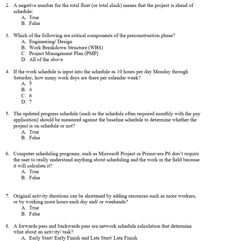 Solved 2. A negative number for the total float (or total | Chegg.com