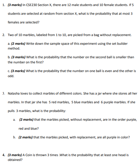 Solved 1. (3 marks) In CSE230 Section X, there are 12 male | Chegg.com