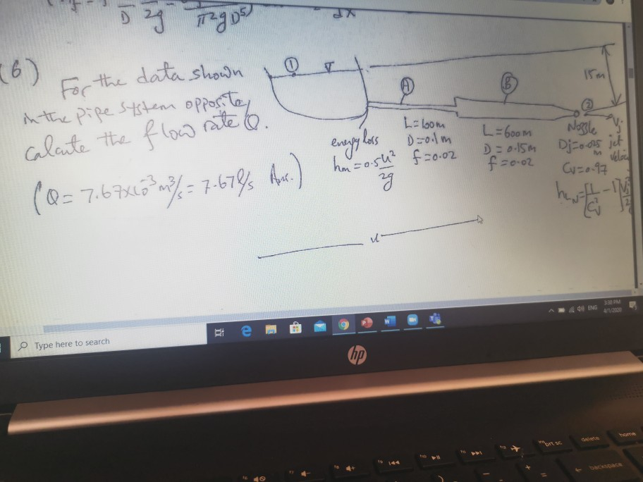 Solved For the data shown in the pipe system opposite, | Chegg.com