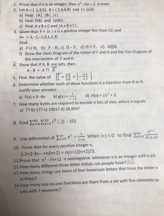 Solved 1. Prove that if n is an integer, then n2 +5n +2 is | Chegg.com