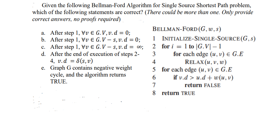 Solved = Given the following Bellman-Ford Algorithm for | Chegg.com