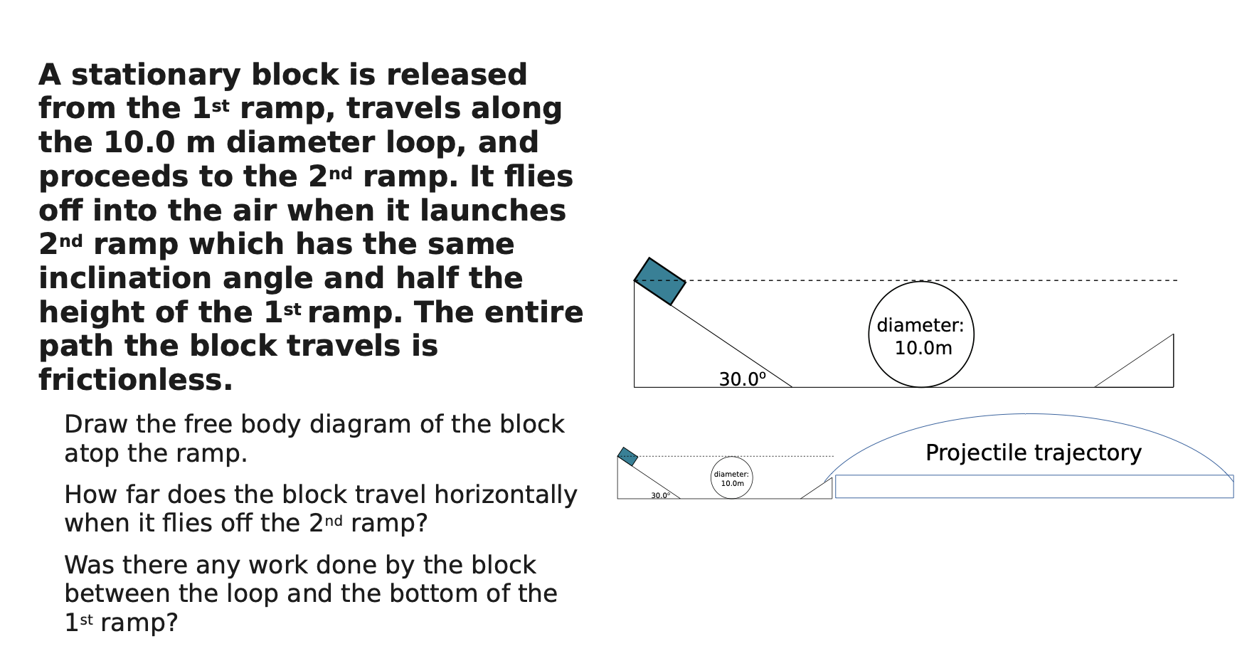 Solved A stationary block is released from the 1st ramp, | Chegg.com