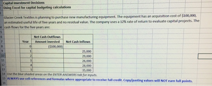 Solved Capital Investment Decisions Using Excel for capital | Chegg.com