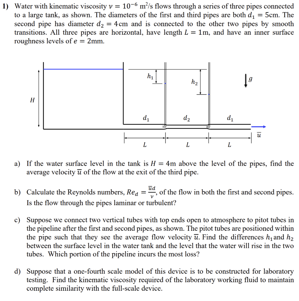 Solved 1) Water with kinematic viscosity v = 10-6 m²/s flows | Chegg.com
