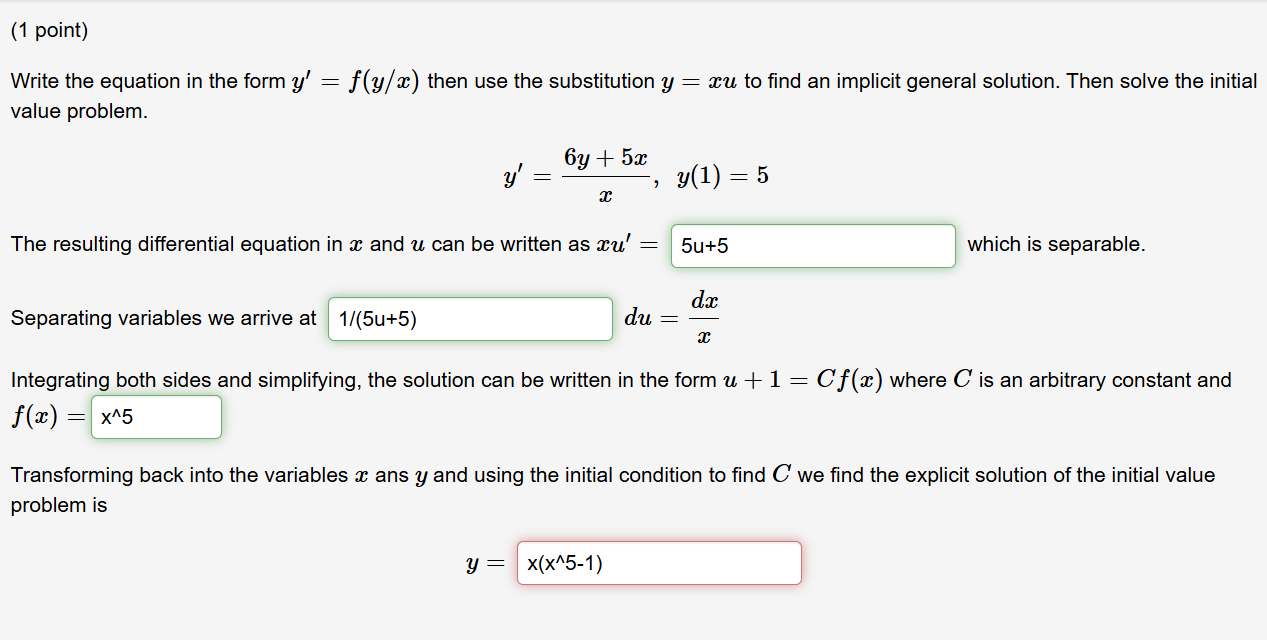 Solved (1 ﻿point)Write the equation in the form y'=f(yx) | Chegg.com