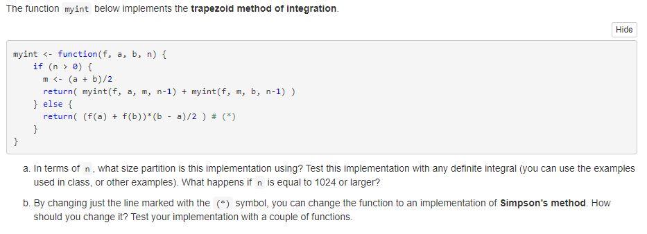 Solved The function myint below implements the trapezoid | Chegg.com