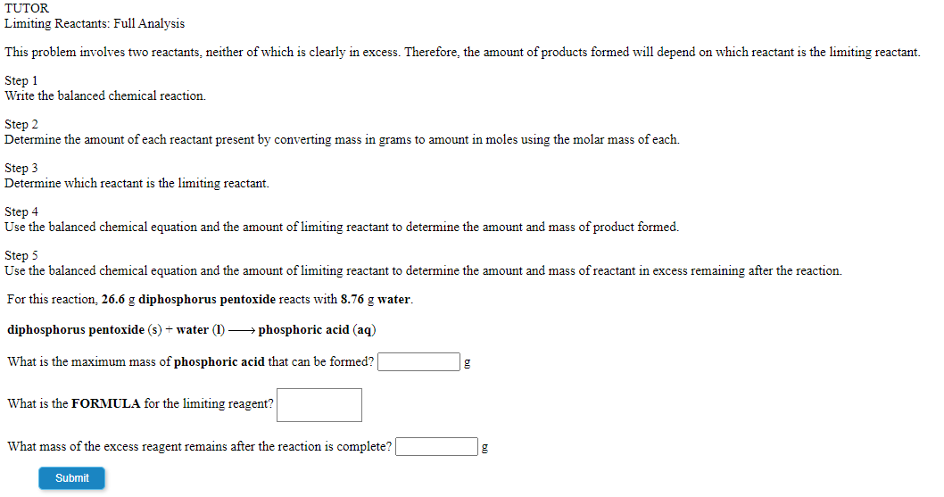 Solved TUTOR Limiting Reactants: Full Analysis This problem | Chegg.com