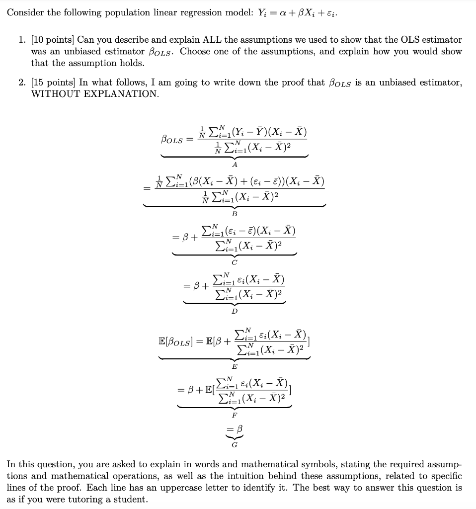 Consider the following population linear regression | Chegg.com