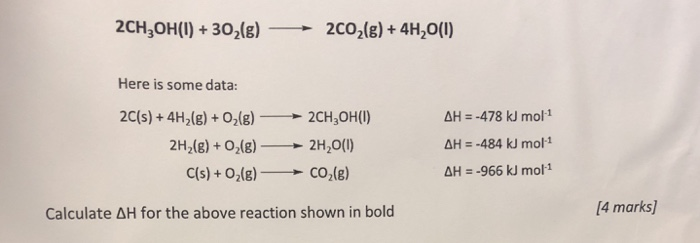 Solved 2CH3OH(l)+302(g)2CO2(g) +4H20(U) Here is some data: | Chegg.com