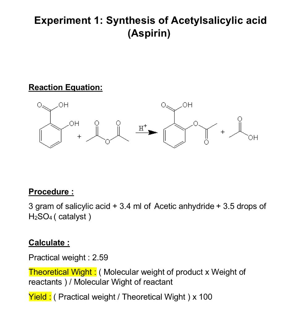Solved Experiment 1: Synthesis of Acetylsalicylic acid | Chegg.com