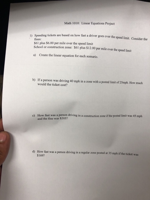 Solved Math 1010: Linear Equations Project I) Speeding | Chegg.com