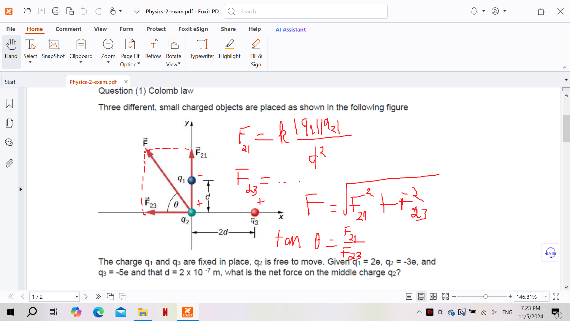 Question (1) ﻿Colomb lawThree different, small | Chegg.com