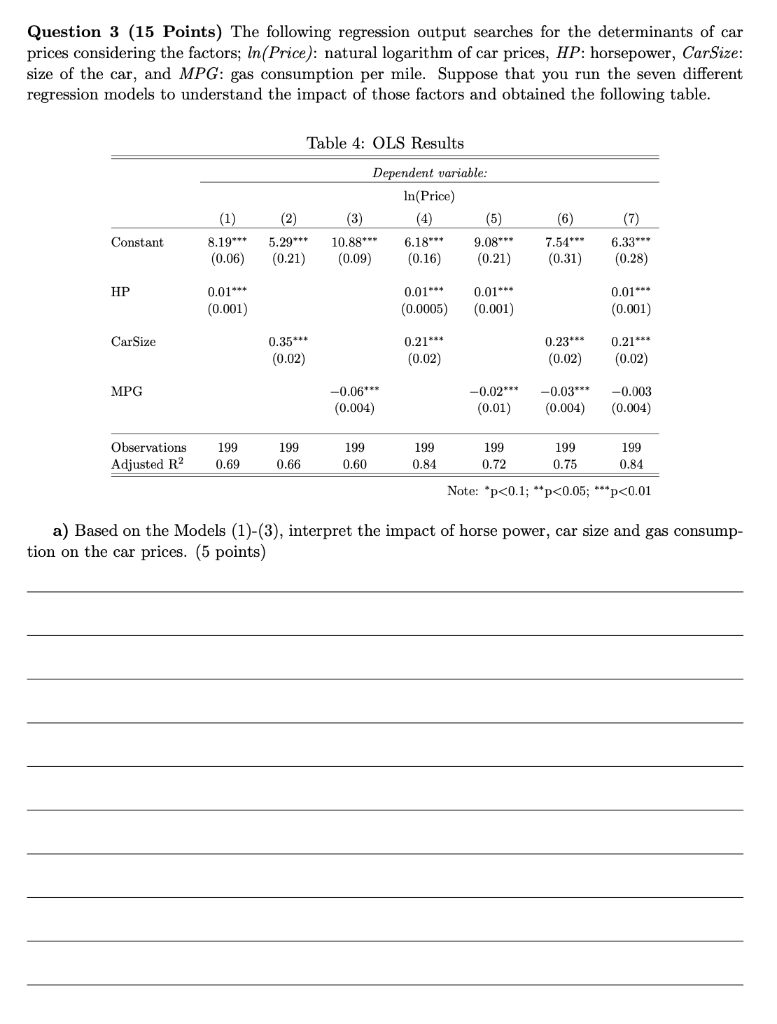 Solved Question 3 (15 Points) The following regression | Chegg.com
