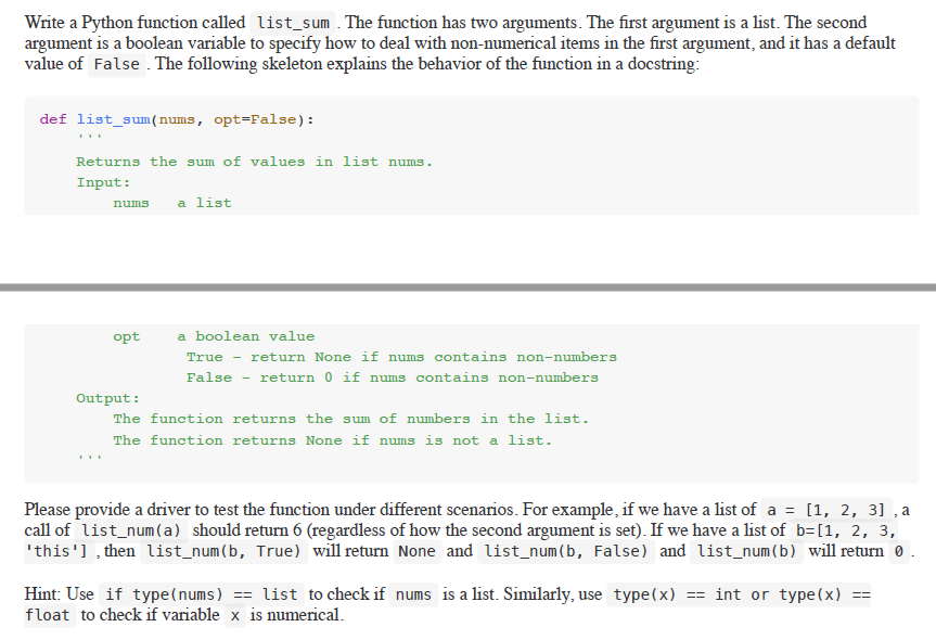 Solved Write A Python Function Called List sum The Functi