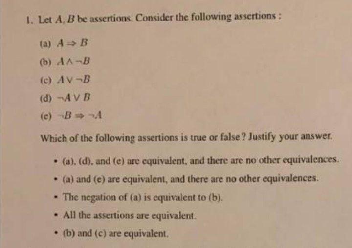 Solved 1. Let A, B be assertions. Consider the following | Chegg.com