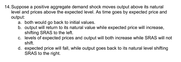 Solved 14. Suppose a positive aggregate demand shock moves | Chegg.com