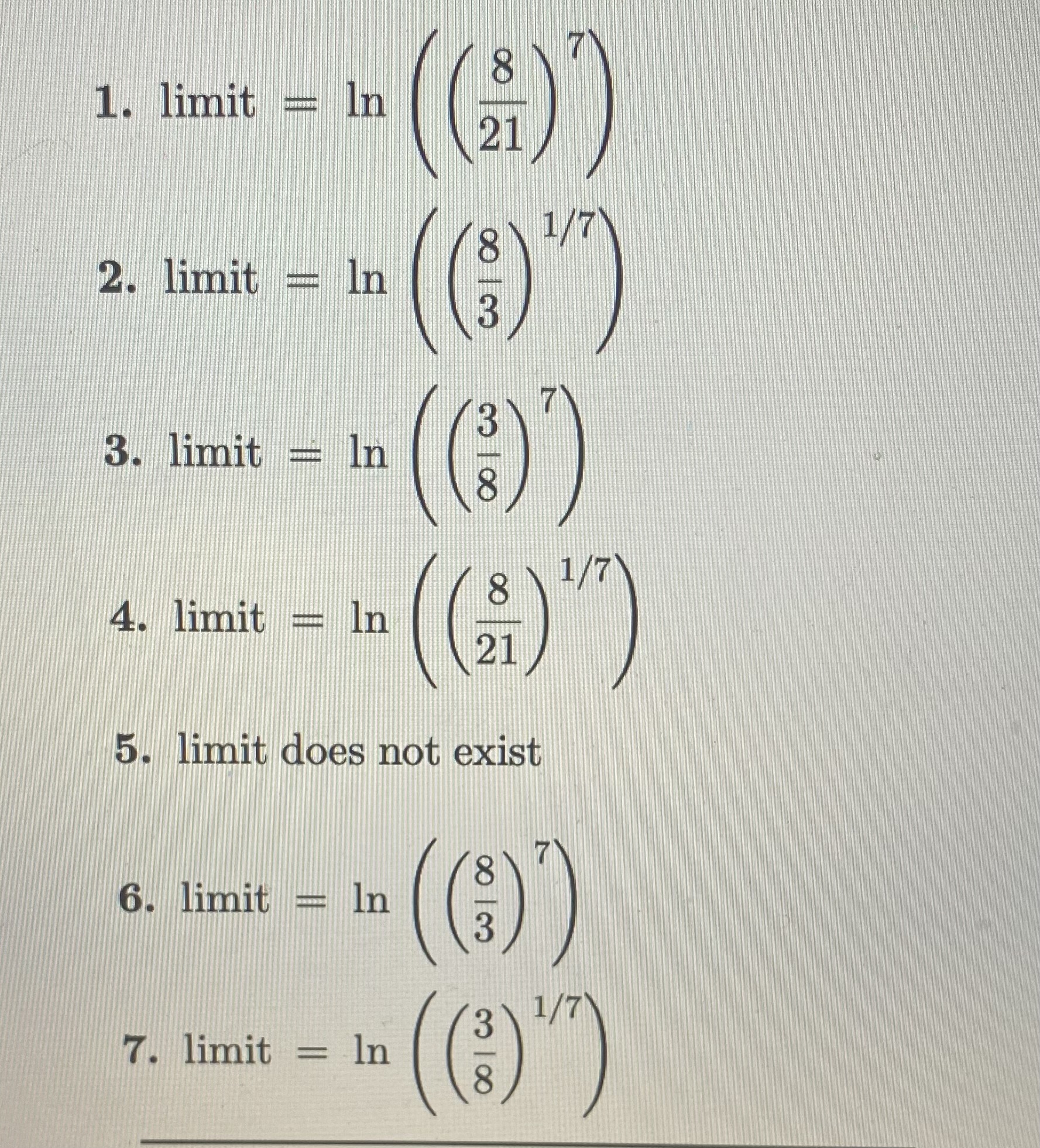 Solved Find the value of limx→07x8x−3x1. limit =ln((218)7) | Chegg.com