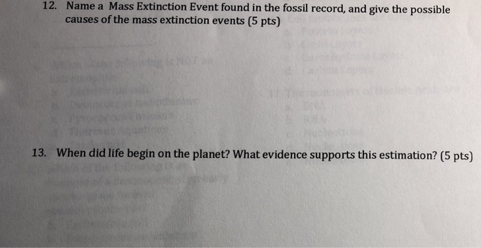 Solved 12. Name a Mass Extinction Event found in the fossil | Chegg.com