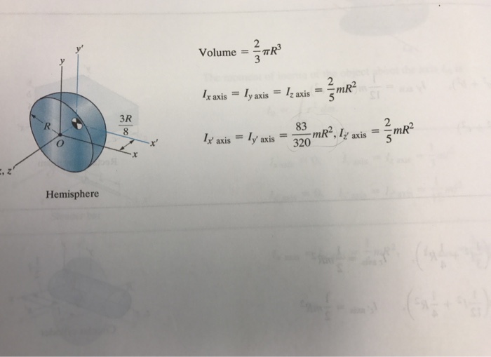 Solved Volume = 2/3 pi R^3 I_x axis = I_y axis = 2/5 mR^2 | Chegg.com