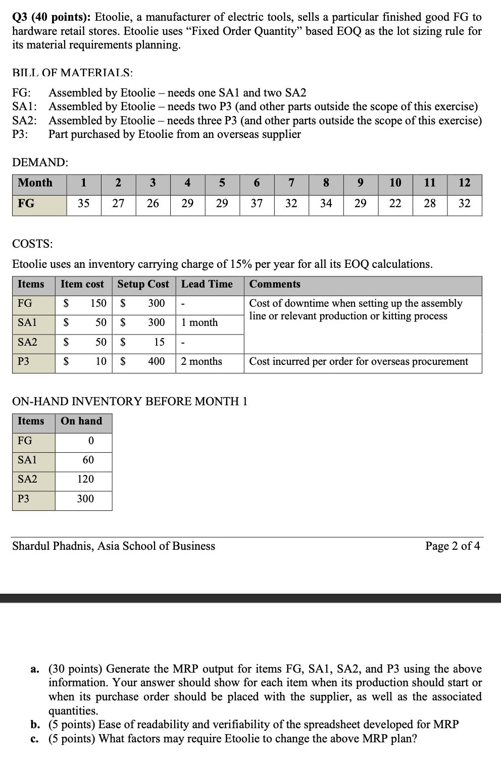 Solved hardware retail stores. Etoolie uses "Fixed Order | Chegg.com