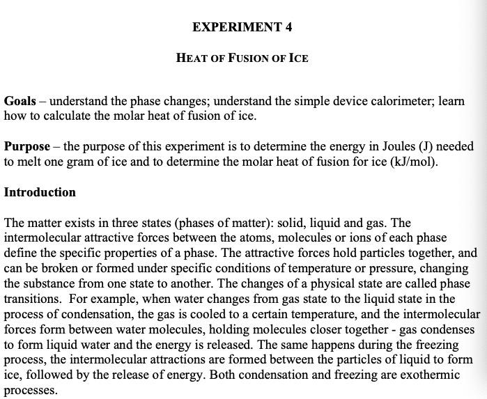 Solved EXPERIMENT 4 HEAT OF FUSION OF ICE Goals - understand | Chegg.com