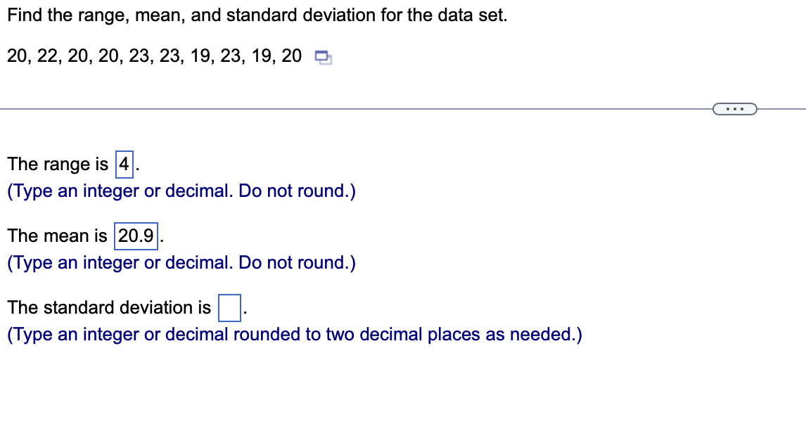 Solved Find the range, mean, and standard deviation for the | Chegg.com