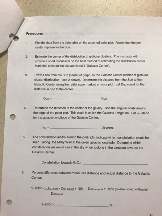 DISTANCE TO THEGALACTIC CENTER LAB Astronomy 1020 | Chegg.com
