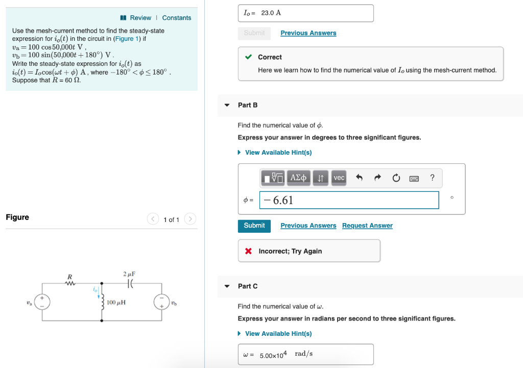 Solved lo= 23.0 A ReviewI Constants Use the mesh-current | Chegg.com