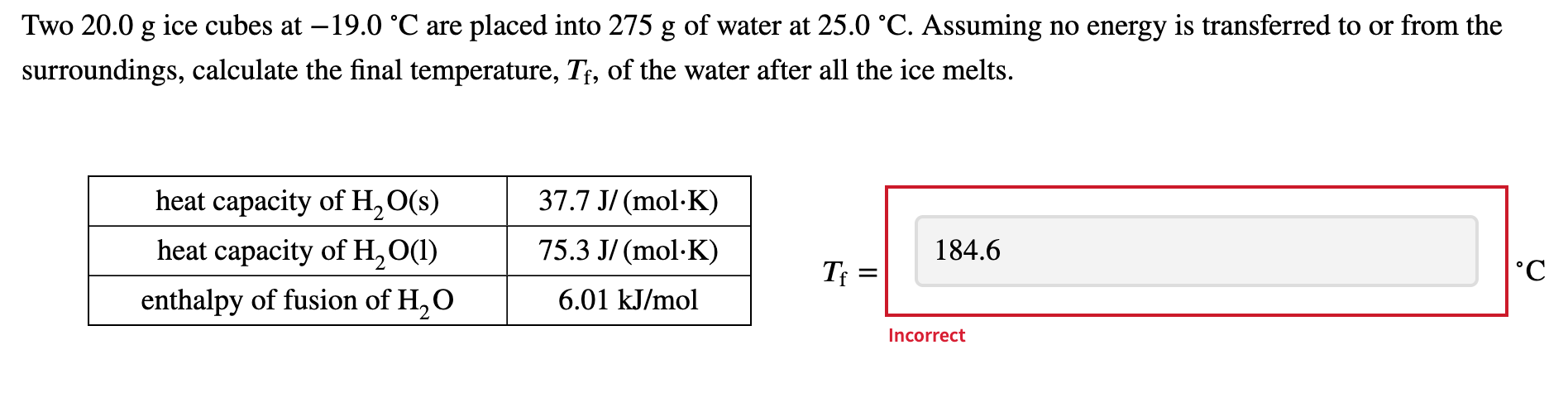 Solved Two 20.0g ﻿ice cubes at -19.0°C ﻿are placed into 275g | Chegg.com
