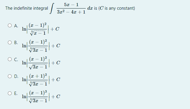 Solved The indefinite integral ∫3x2−4x+15x−1dx is ( C is any | Chegg.com
