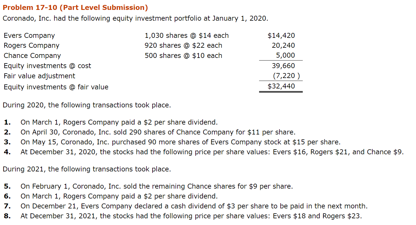 Solved Problem 17-10 (Part Level Submission) Coronado, Inc. | Chegg.com