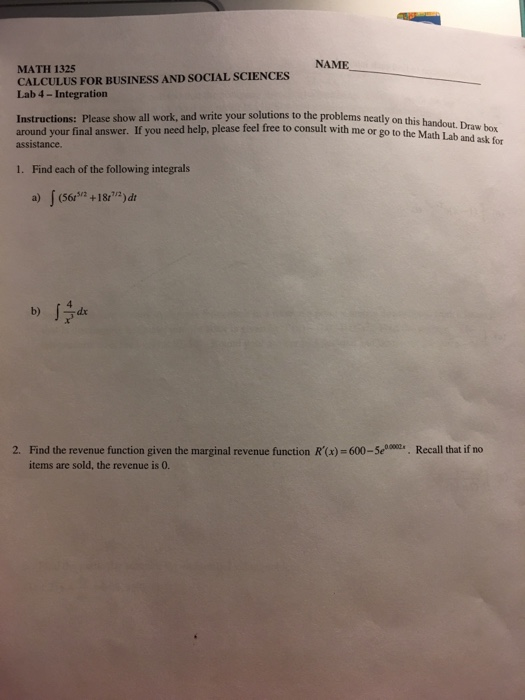 Solved NAME MATH 1325 CALCULUS FOR BUSINESS AND SOCIAL | Chegg.com