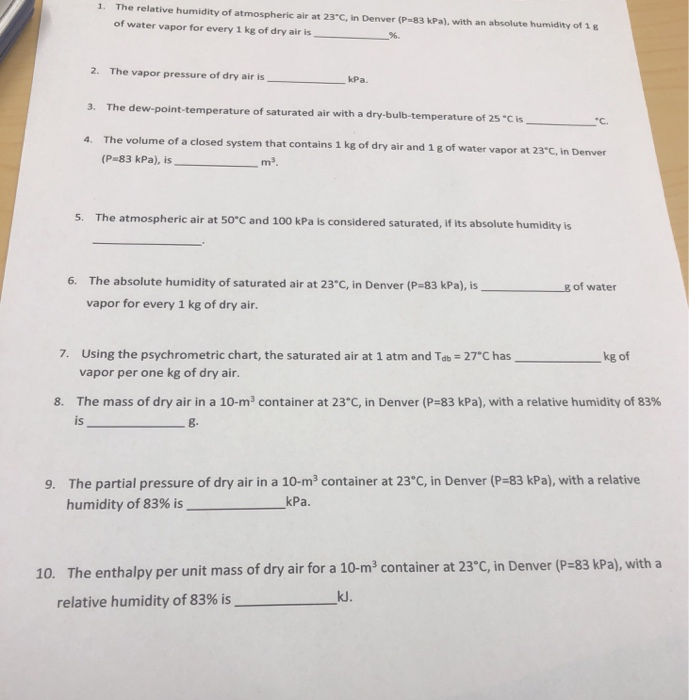 Solved 1. The relative humidity of atmospheric air at 23 C, | Chegg.com