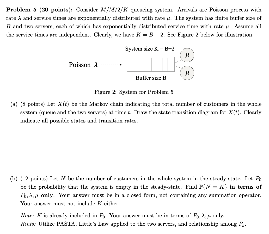 Solved Problem 5 (20 points): Consider M/M/2/K queueing | Chegg.com Solved Problem 5 (20 points): Consider M/M/2/K queueing | Chegg.com