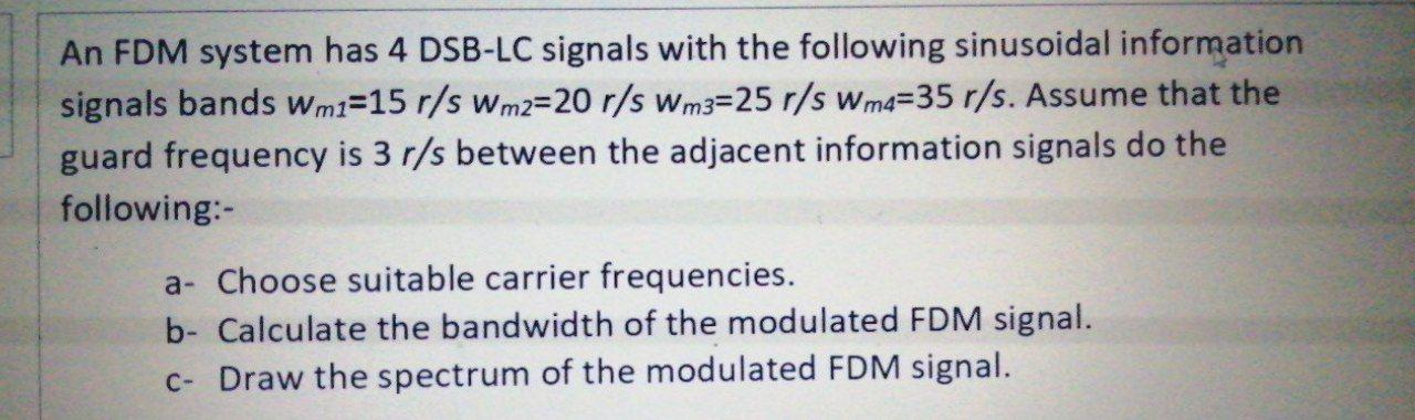 Solved An FDM system has 4 DSB-LC signals with the following | Chegg.com